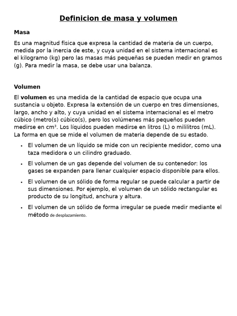 Definicion de Masa y Volumen | PDF