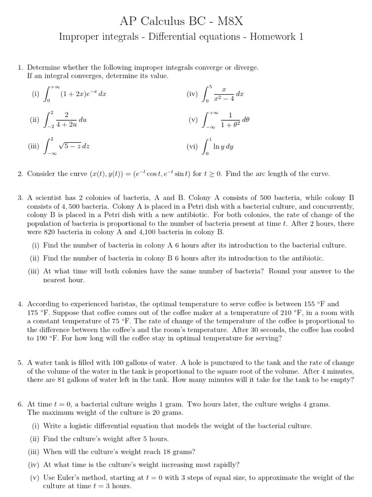 APCalcBC 2024-2025 - ImInt - DifEq - HW 1 | PDF | Integral | Bacteria
