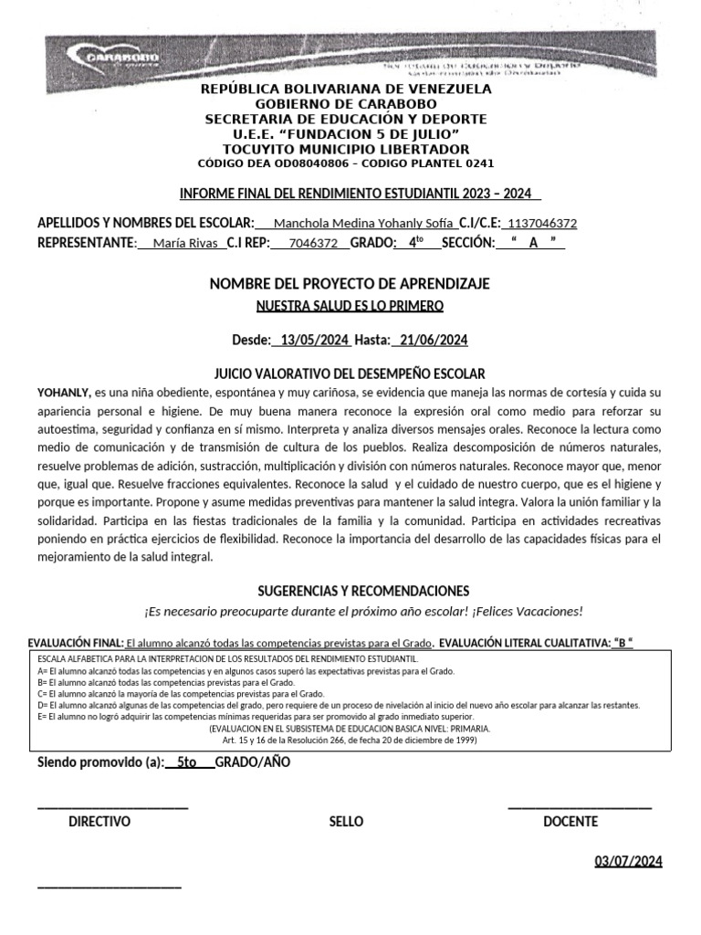 Boleta Final 2024 | PDF | Evaluación | Educación primaria