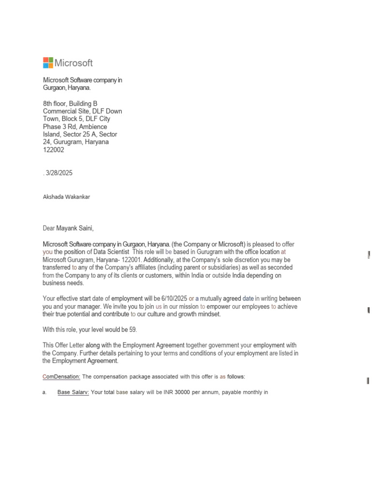 Mayank Saini Microsoft Offer Letter | PDF | Salary | Payroll