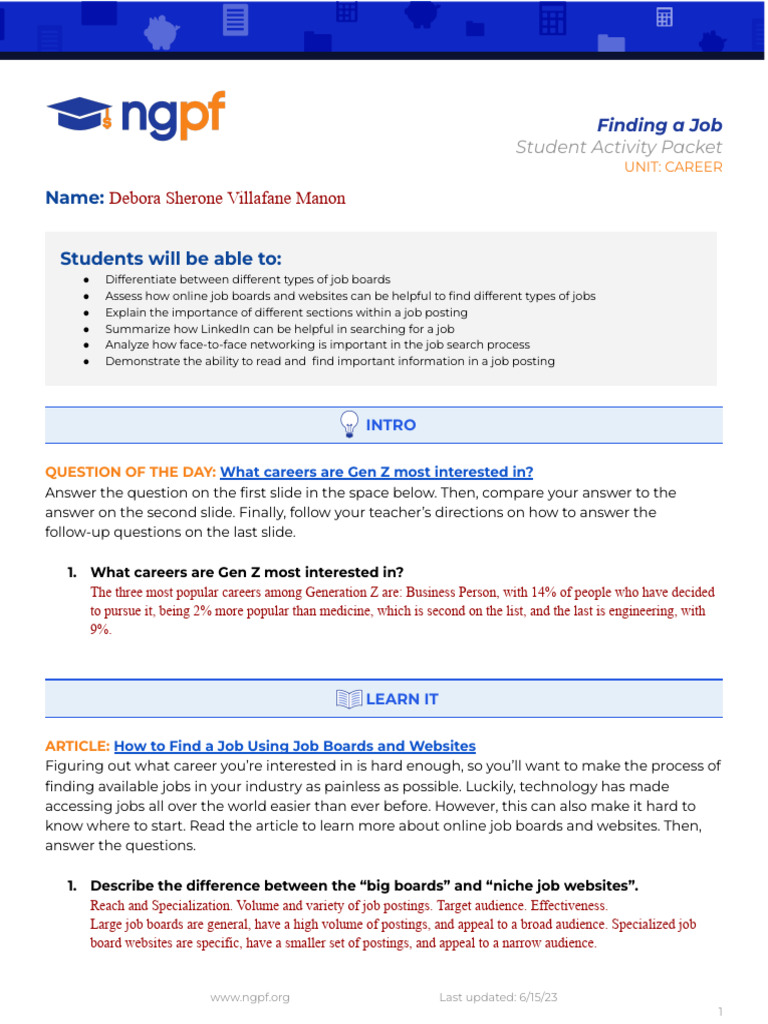 Finding A Job Student Activity Packet | PDF | Résumé | Linked In