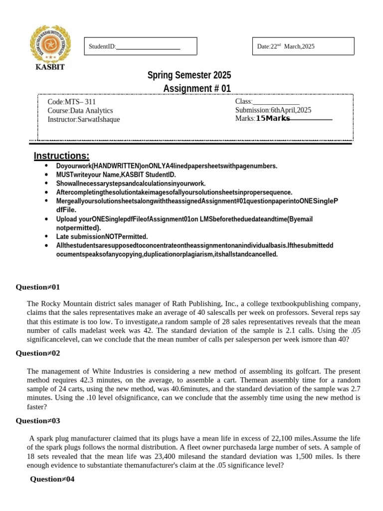 Data Analytics Assignment Questions From Kasbit | PDF | Mean | Standard ...