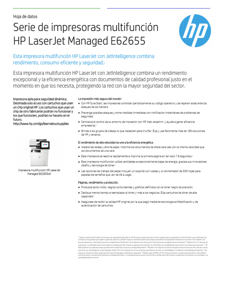 Caracteristicas Impresora HP Laserjet Managed E62655 | PDF | Impresora ...
