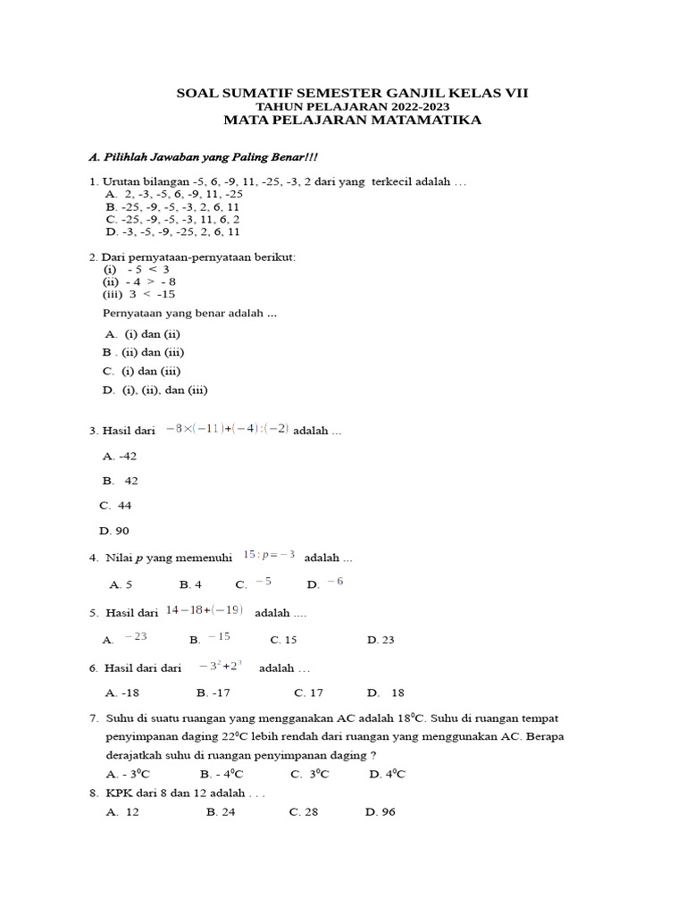 Soal Sumatif Matematika Kls 7 Smt 1 | PDF