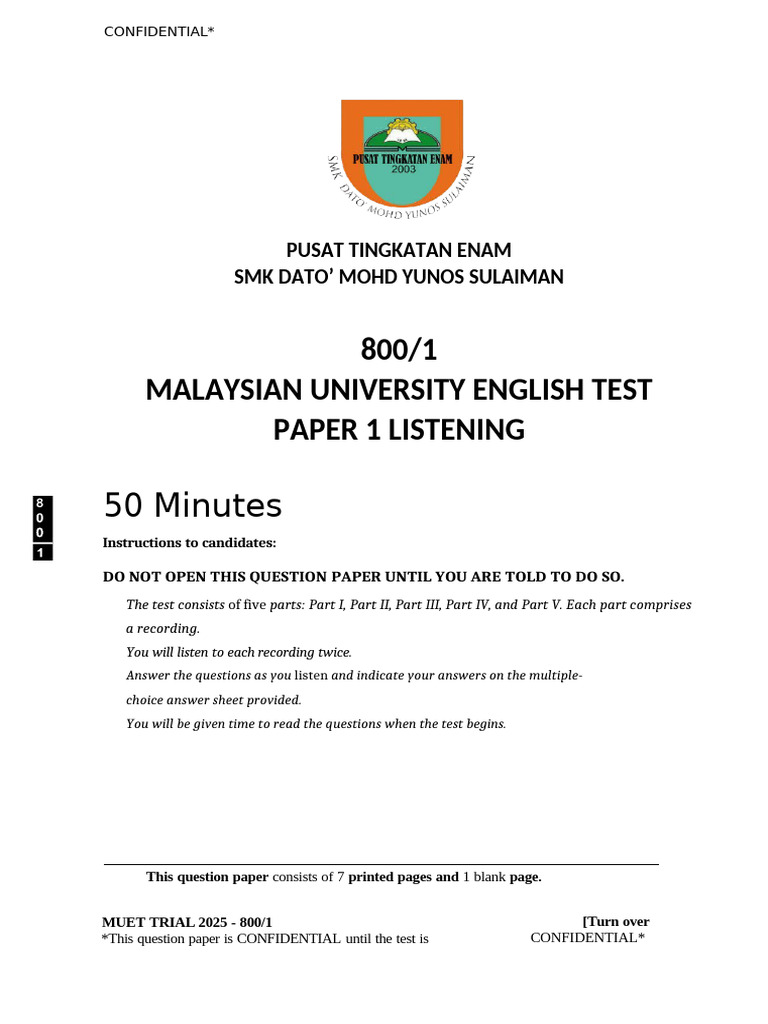 MUET 2025 Listening Test Paper | PDF