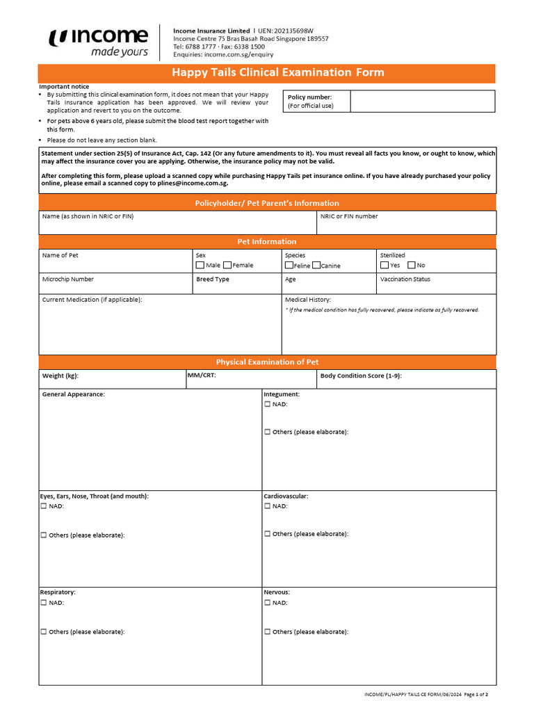 Happy Tails Clinical Examination Form 062024 | PDF | Insurance ...