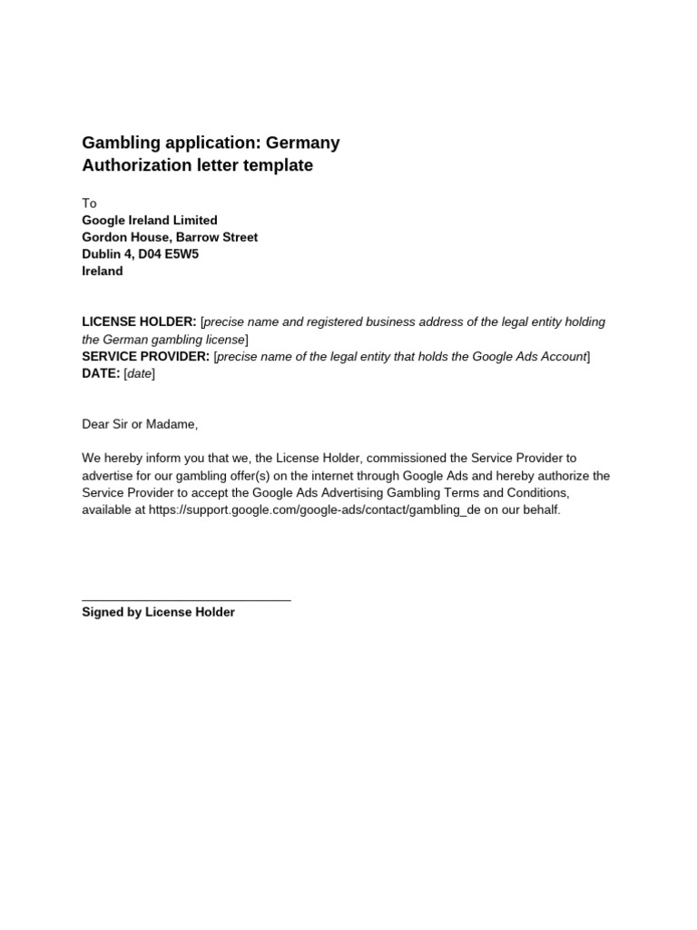 Google Ads Gambling Policy - de Authorization Letter Template | PDF