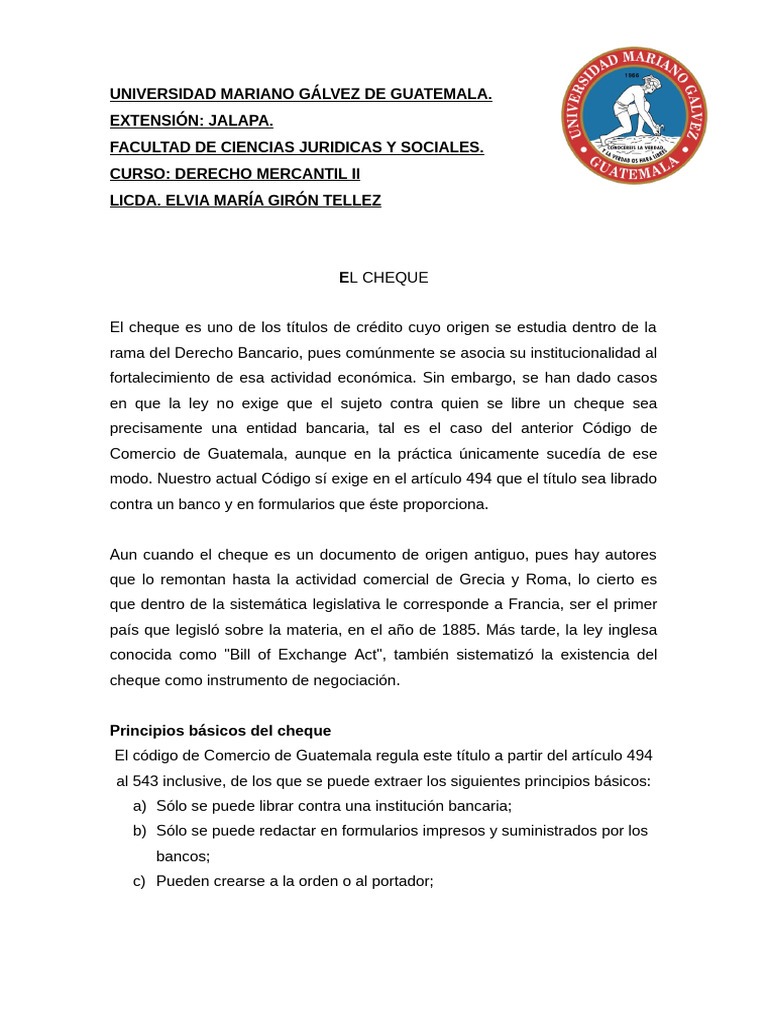 Principios y Naturaleza del Cheque en Guatemala | PDF | Cheque | Bancos