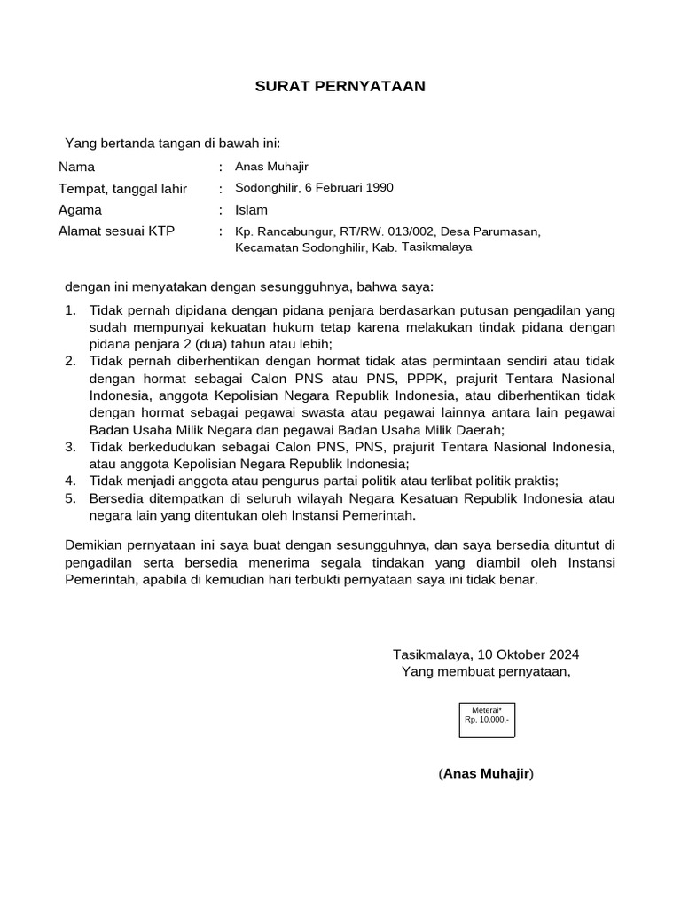 Surat Pernyataan PPPK 2024 - Anas | PDF