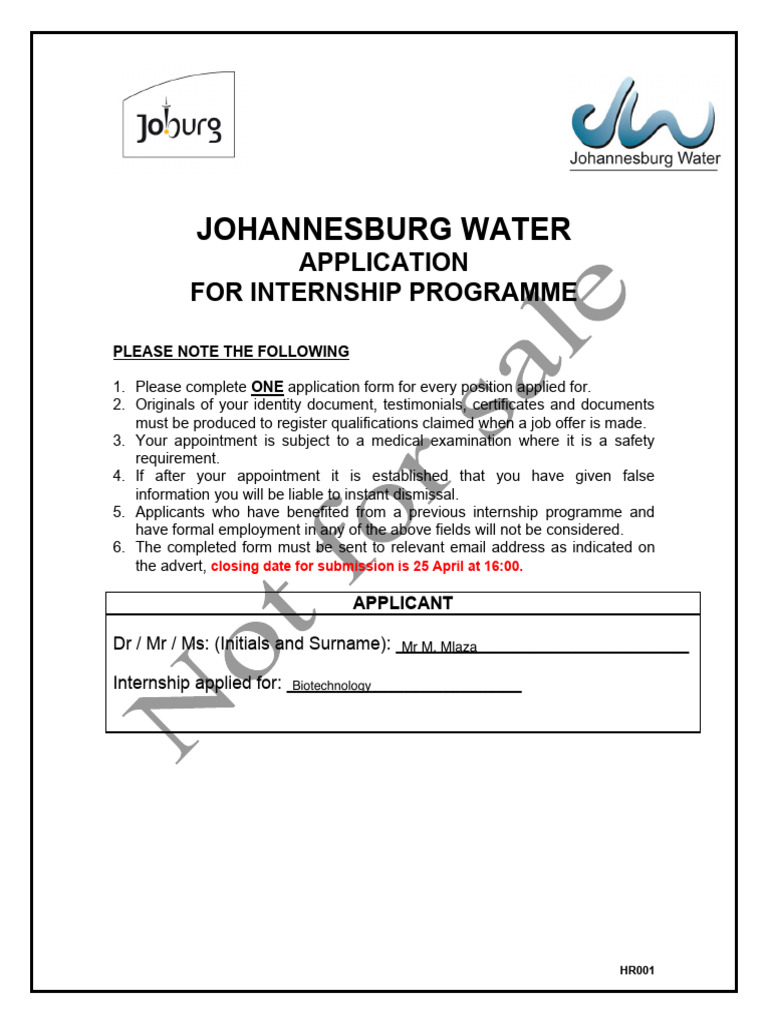 Johannesburg Water Internship Application | PDF