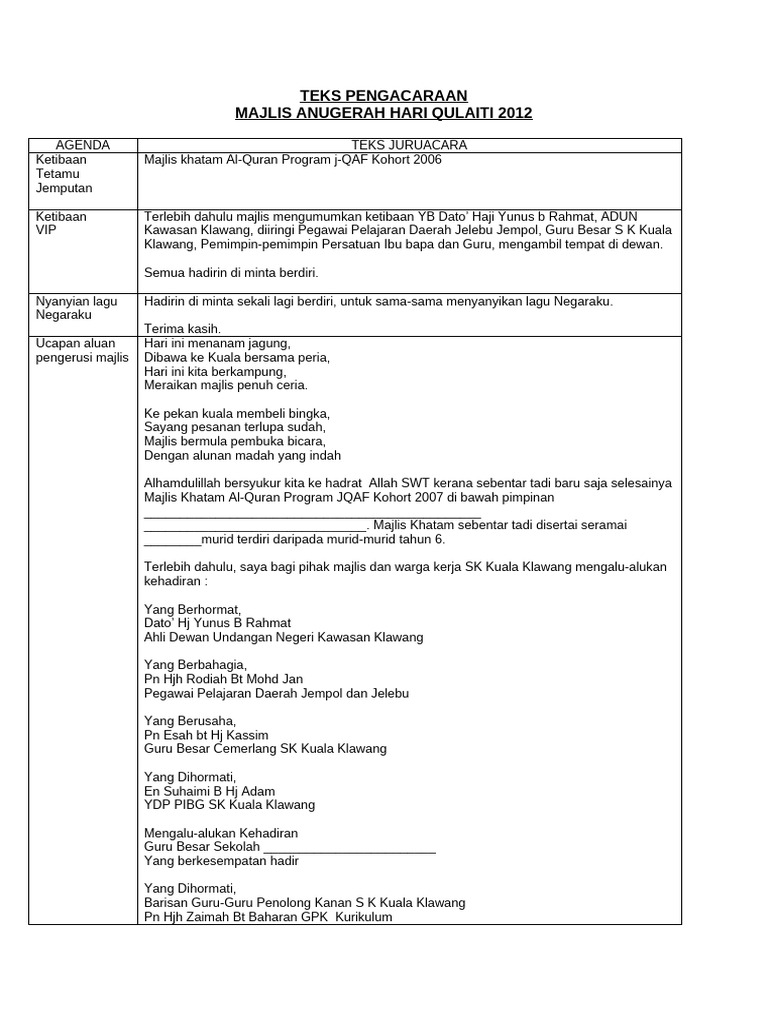 Skrip Juruacara Hari Qualiti 2012 | PDF