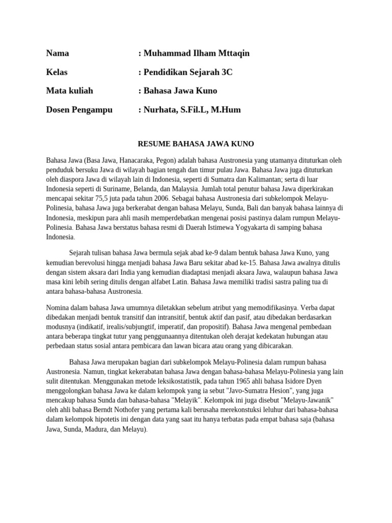 Resume Bahasa Jawa Kuno (MUHAMMAD ILHAM MUTTAQIN) | PDF