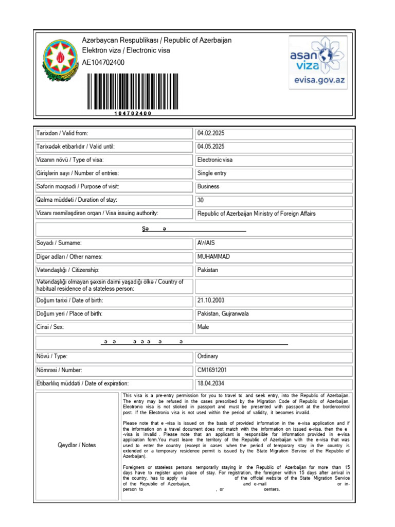 Awais Asan Visa Ae104702400 | PDF | Travel Visa | Human Migration