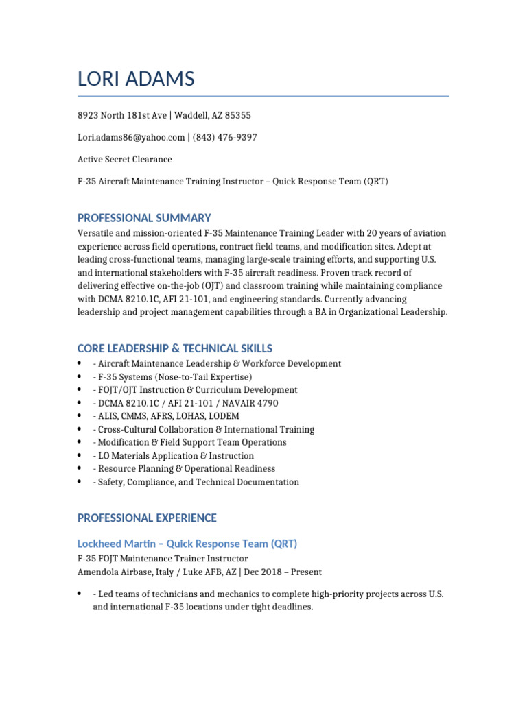 Lori Adams Leadership Resume | PDF | Lockheed Martin F 35 Lightning Ii ...