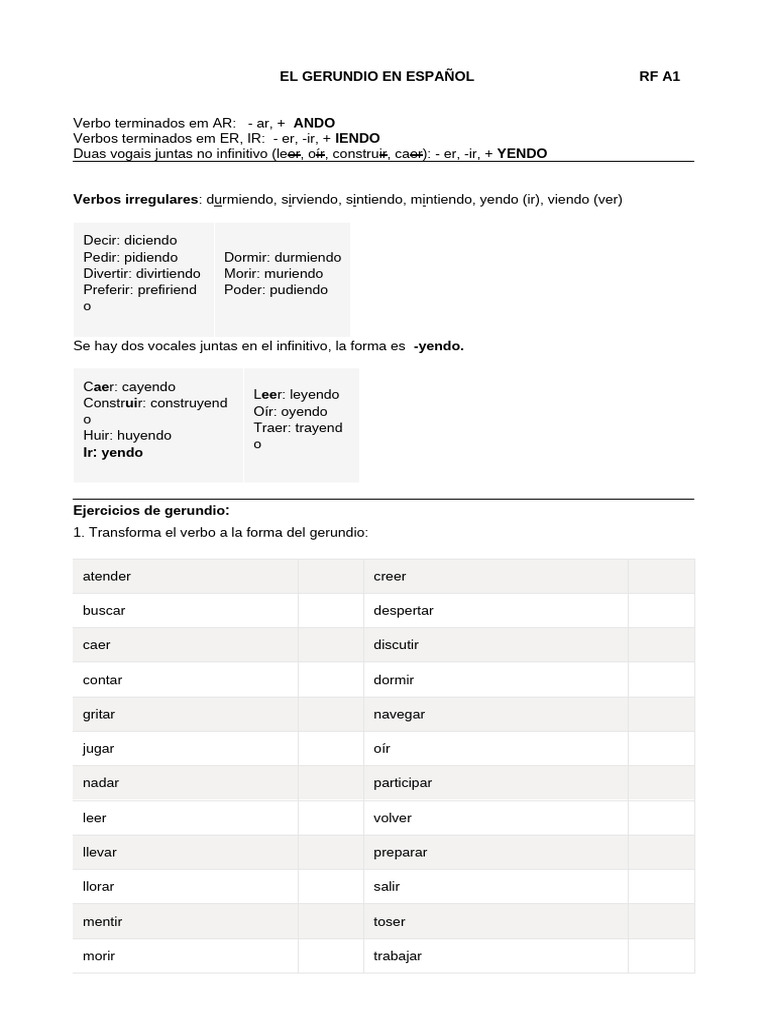 7 EL GERUNDIO EN ESPAÑOL Gramática y Ejercicios | PDF