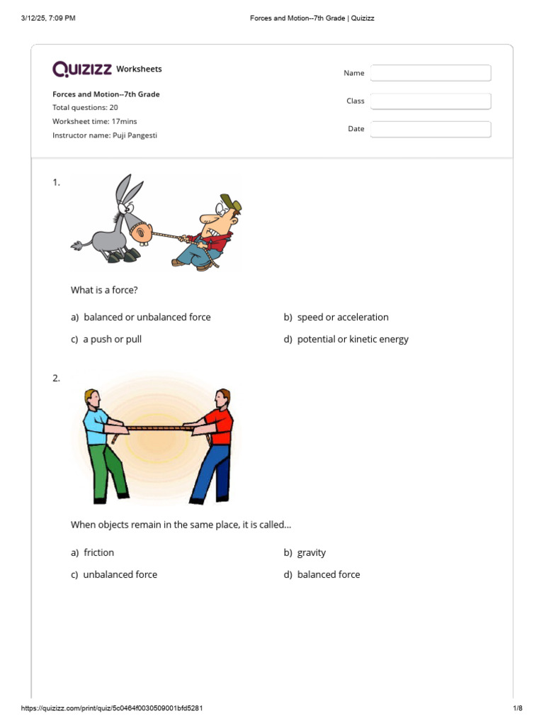 Forces and Motion - 7th Grade - Quizizz | PDF | Force | Acceleration