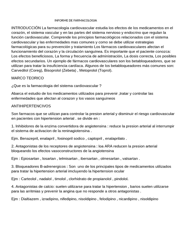 Farmacología Cardiovascular: Medicamentos y Usos | PDF | Corazón ...