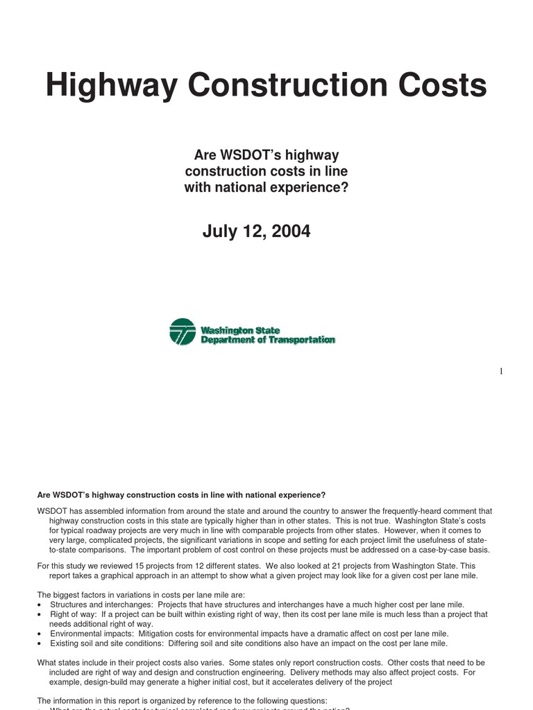 Highway Construction Costs: July 12, 2004 | PDF | Technology & Engineering