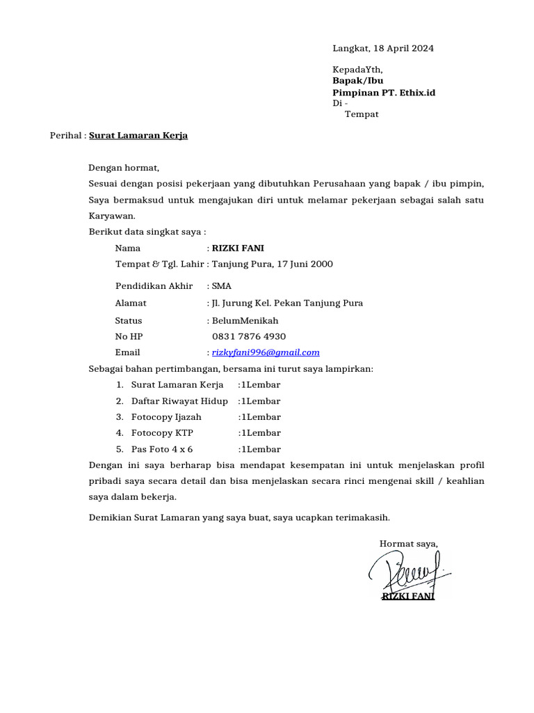 SURAT LAMARAN RIZKI PT. Ethix (1) | PDF