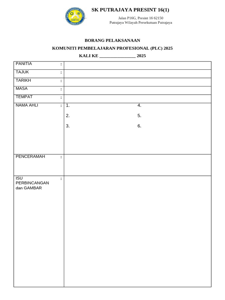 Borang Pelaksanaan PLC 2025 | PDF