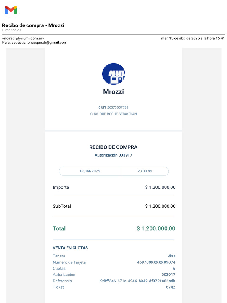 297gmail - Recibo de Compra - Mrozzi | PDF | Tecnología bancaria | Pagos