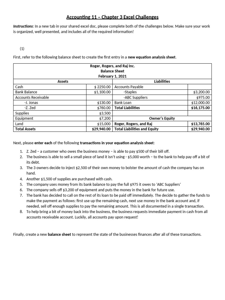 Accounting 11 - Chapter 3 Excel Challenges | PDF | Banks | Equity (Finance)