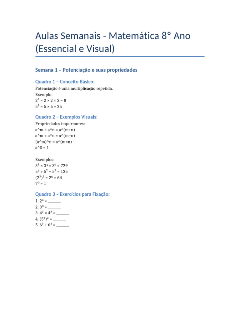 Aulas Semana1 Matematica 8ano | PDF