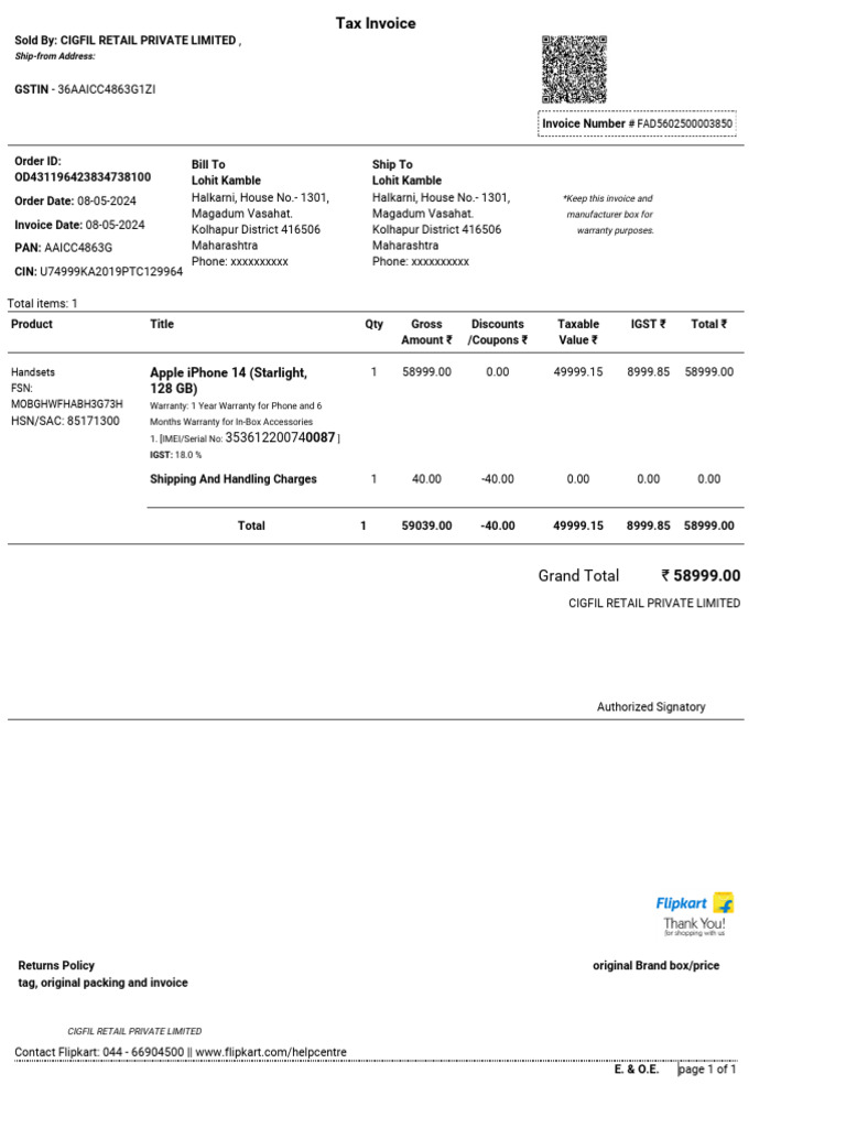 INVOICE - Iphone - 14 - 128GB - Colour-Starlight (White ...