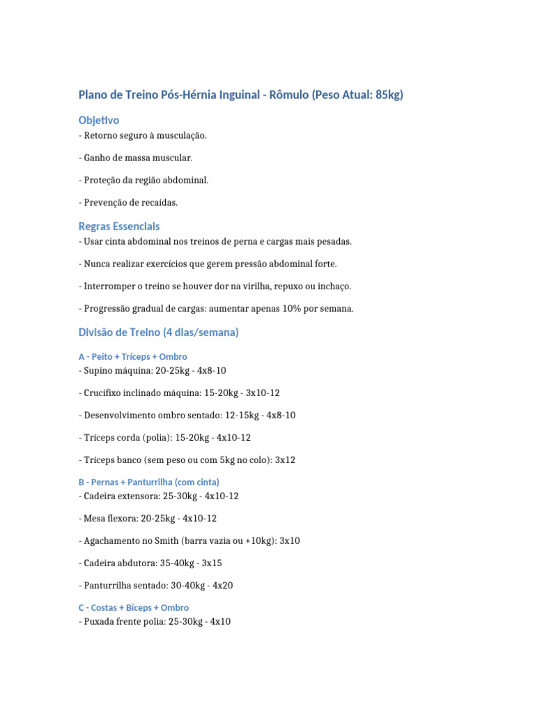 Plano Treino Pos Hernia Romulo | PDF