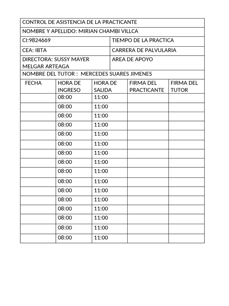 Control de Asistencia de La Practicante | PDF
