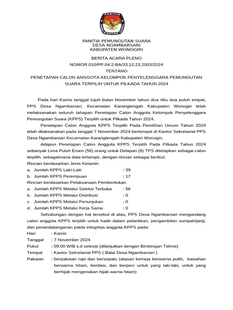 0 Berita Acara PPS Penetapan KPPS Terpilih | PDF