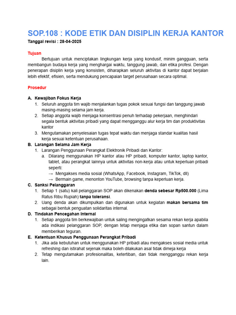 SOP 108: Etika dan Disiplin Kerja | PDF