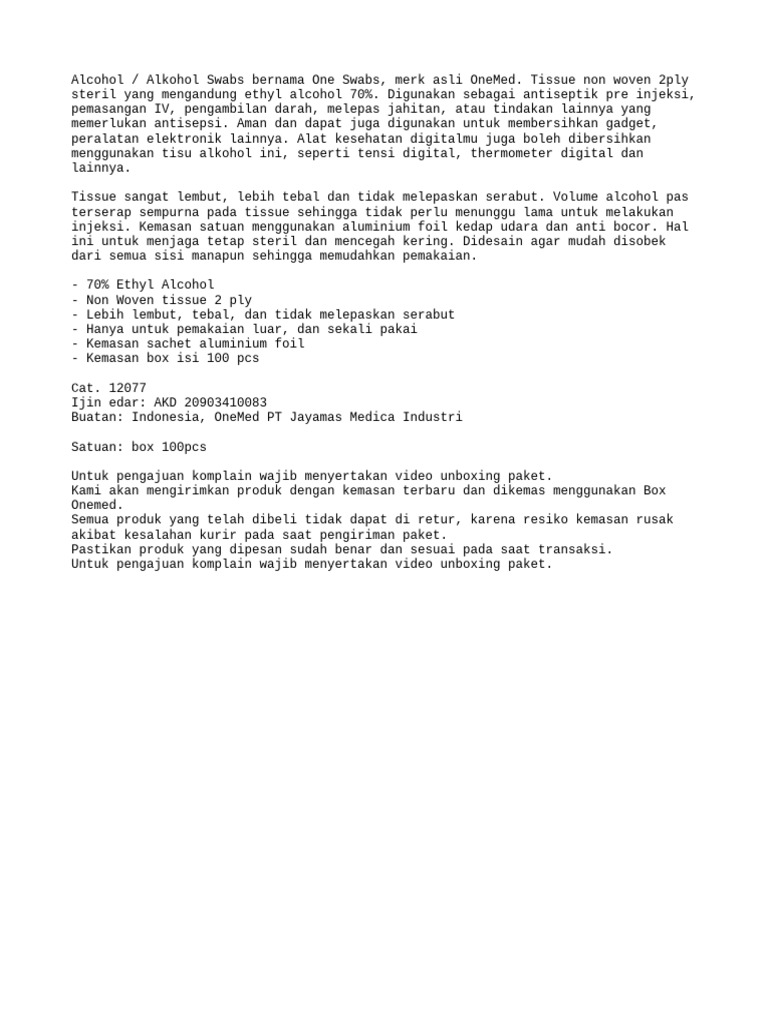 Alkohol Swabs Bernama One Swabs | PDF
