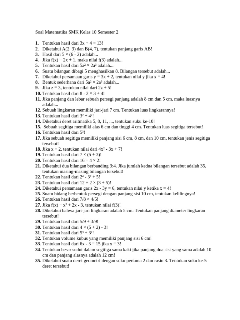 Soal PAT Matematika SMK Kelas 10 Semester 2 new soal saja | PDF
