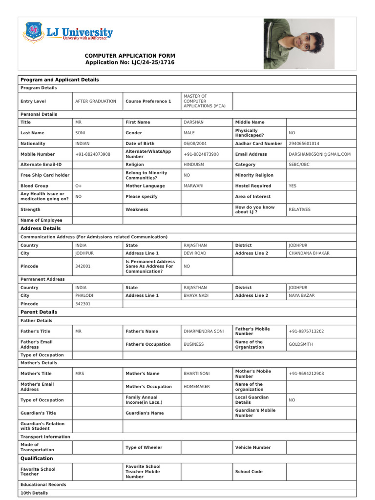 MCA Admission Application Form 2024 | PDF