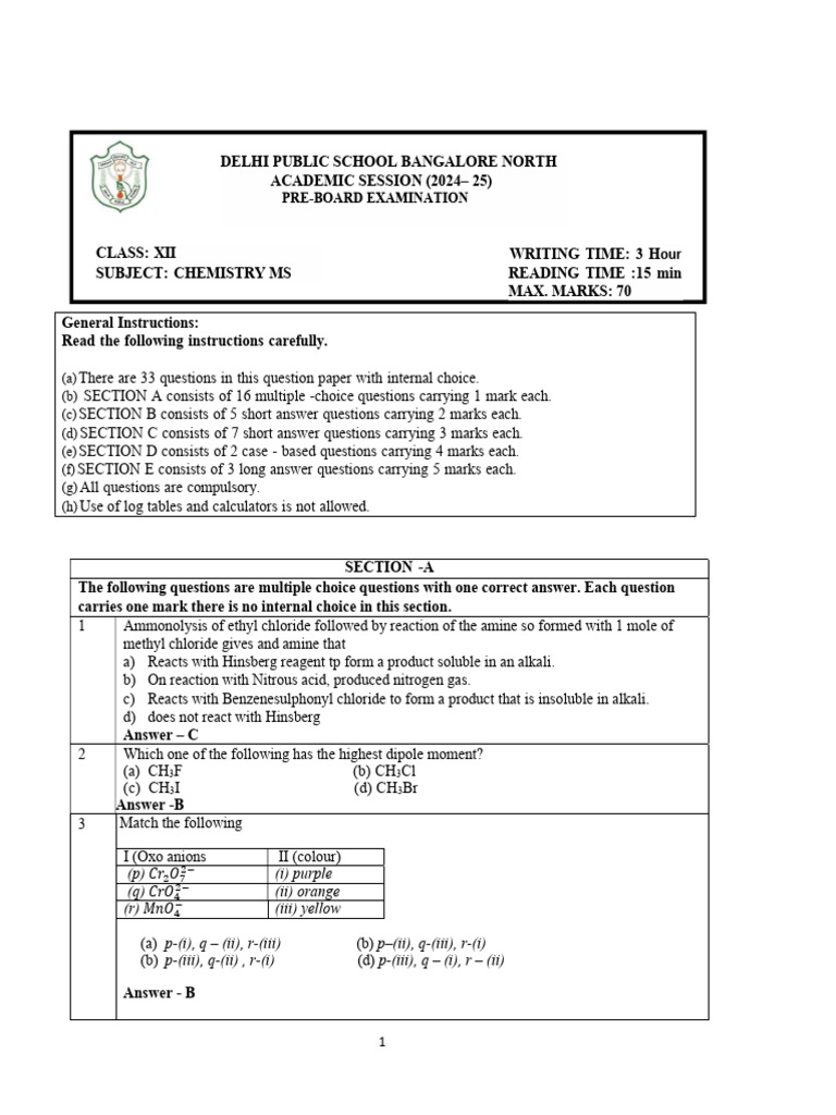 DPS Preboard Class 12 Paper/answerkey | PDF | Amine | Acetic Acid