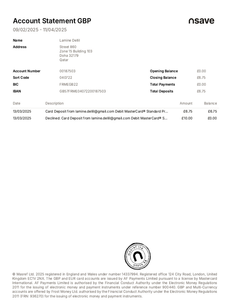 Account Statement Nsave GBP 10-February-2025 10-April-2025 | PDF