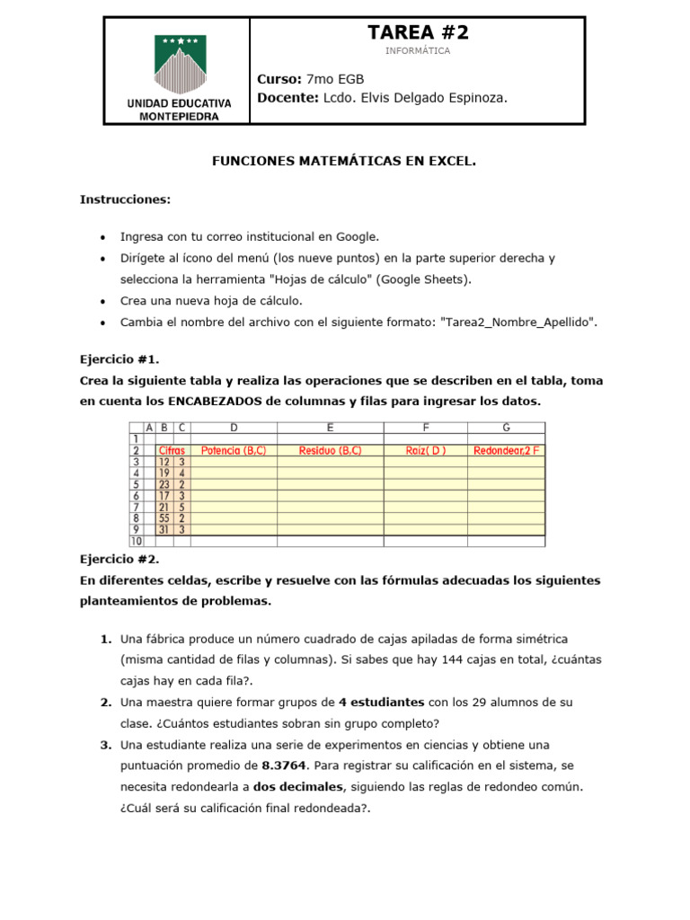 TAREA -2 - FUNCIONES MATEMA-TICAS EN EXCEL. | PDF
