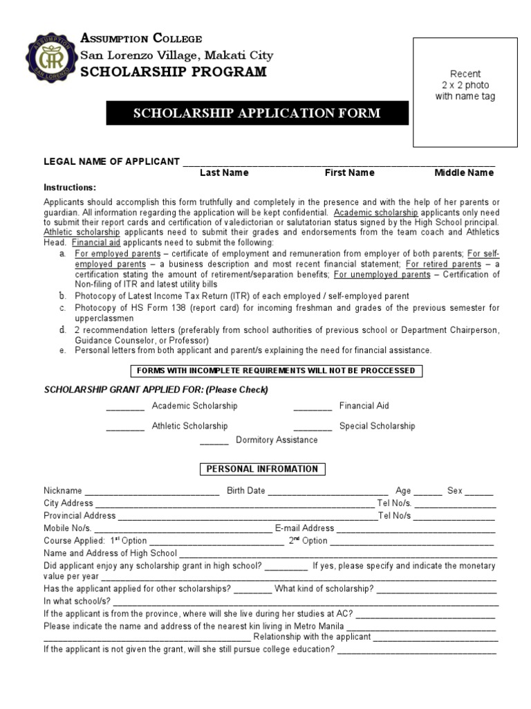 Scholarship Application Form: A C Scholarship Program | PDF | Self ...