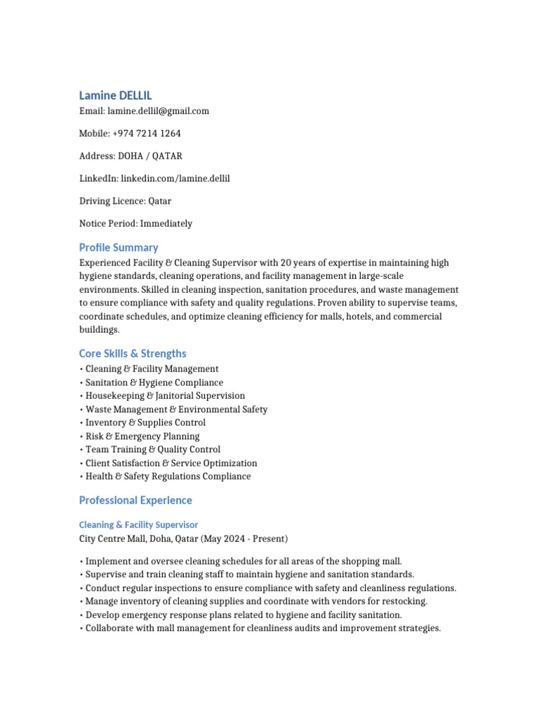 Cleaning Supervisor Resume of Lamine Dellil | PDF | Regulatory ...