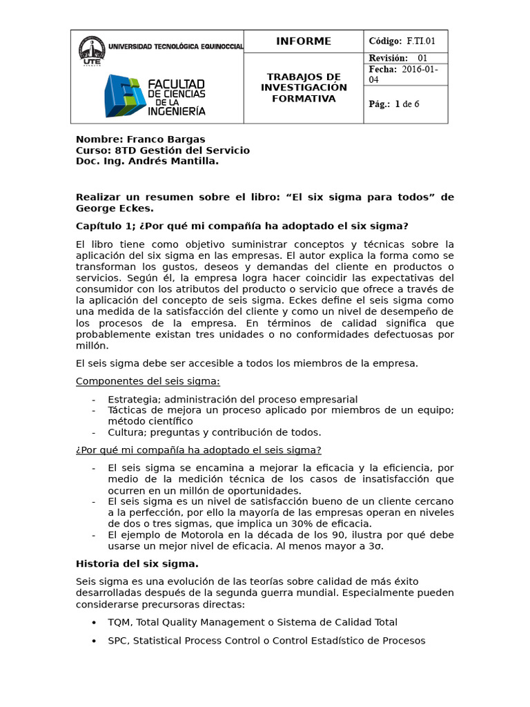 Resumen El Six Sigma para Todos Libro George Eckes - Compress | PDF ...