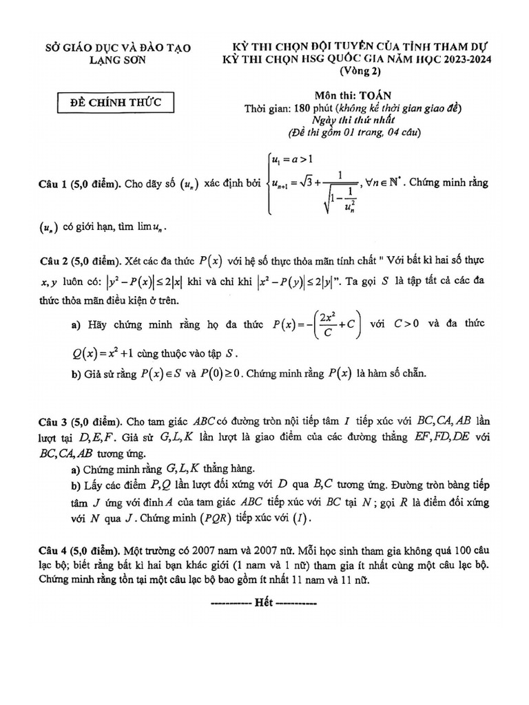 De Chon Doi Tuyen Thi HSG QG Mon Toan Nam 2023 2024 So GDDT Lang Son | PDF