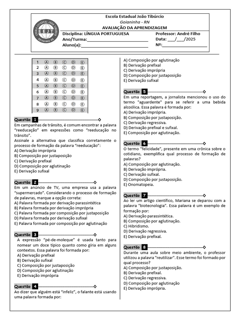 AvaliaÃ Ã o LP - 1Â Sã©ries | PDF | Linguística | Morfologia
