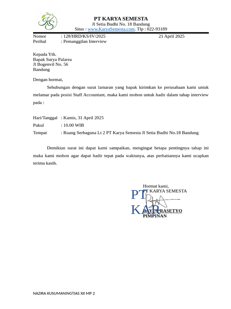 Surat Panggilan Interview Nazira Xii MP 2 | PDF