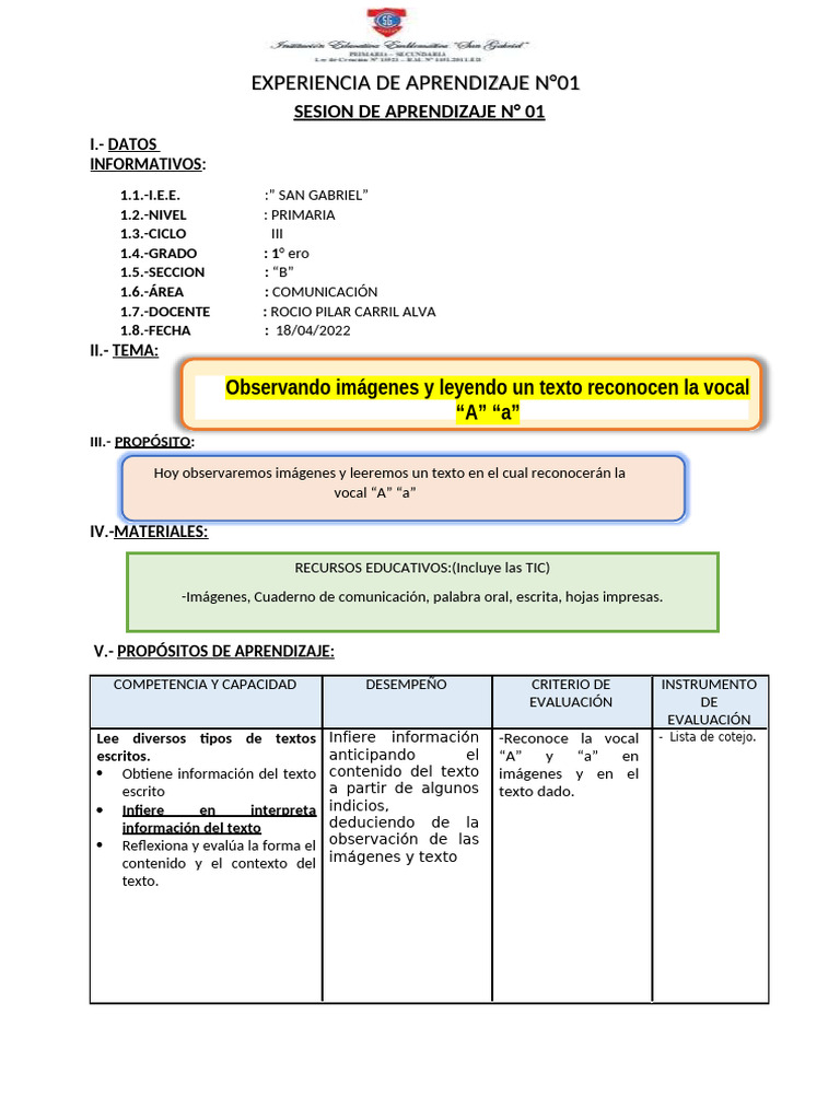 1.-Sesion Lee La Vocal A | PDF