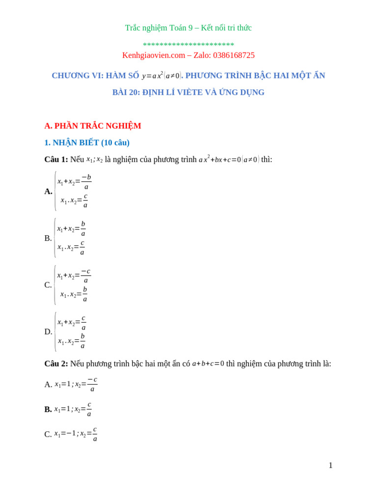 TN Toan9 KNTT Tap2 Bai 20 Dinh Li Viete Va Ung Dung | PDF