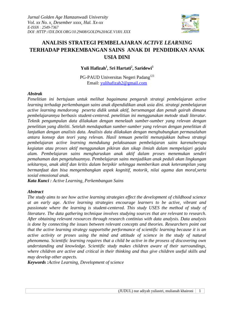 Analisis Strategi Pembelajaran Active Learning Terhadap Perkembangan Sains Anak Di Pendidikan ...