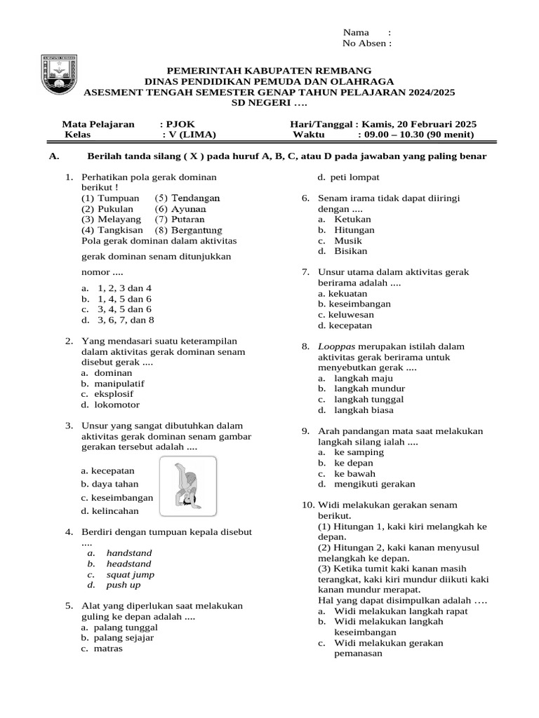 SOAL PJOK KELAS 5 TAHUN 2024-2025 ATS_GENAP | PDF