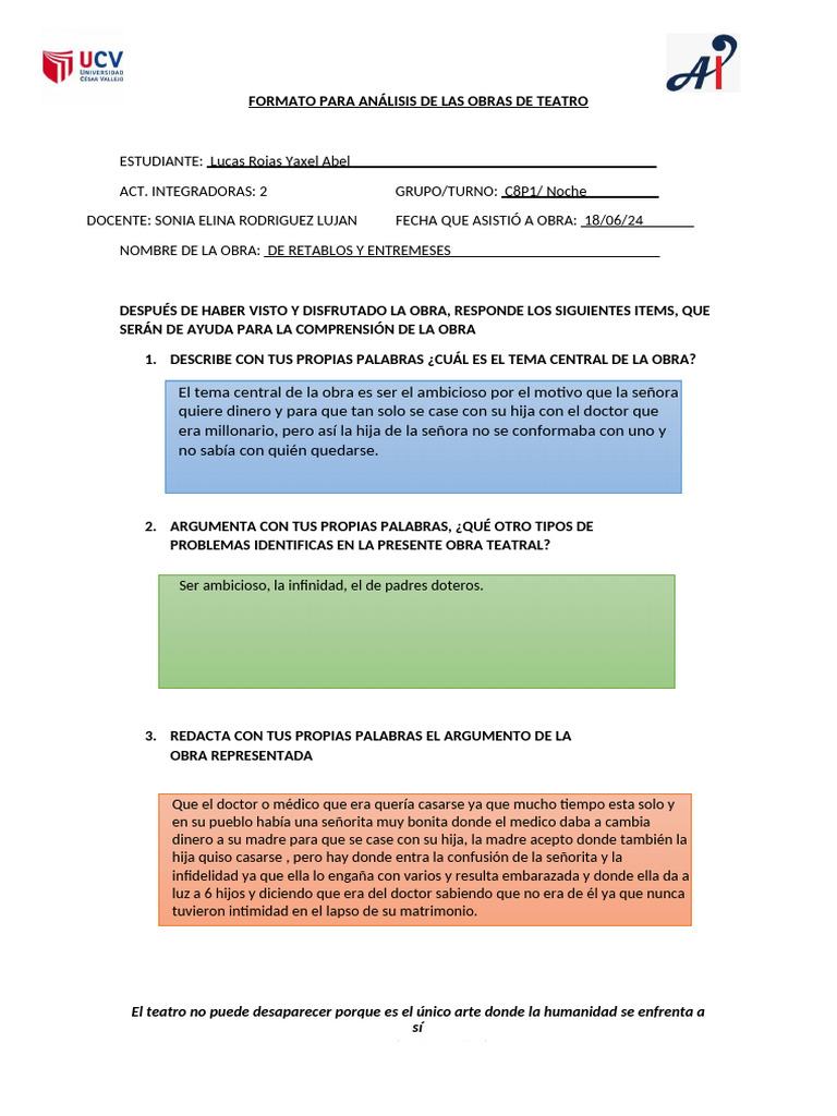 Formato para Apreciación Crítica de Obras de Teatro XD | PDF