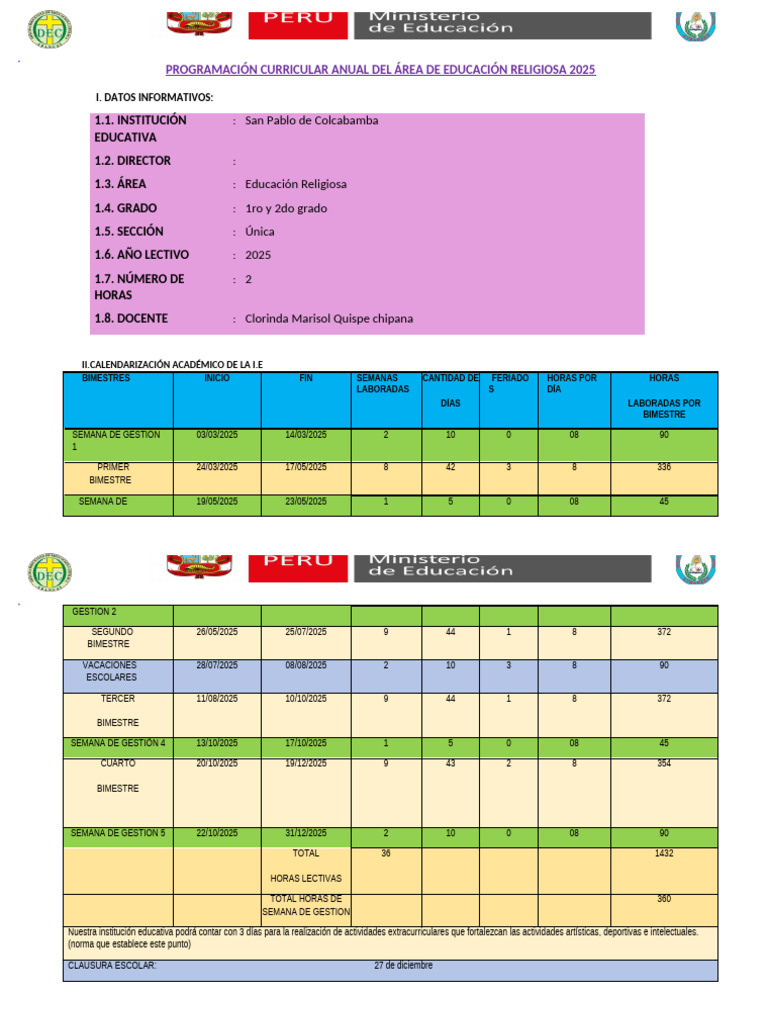 PROGRAMACIÓN CURRICULAR DE 1ro 2do GRADO | PDF | Fe | Enseñando